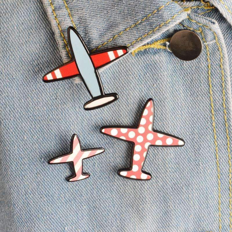 3pcs/set Cartoon Wave Point Stripe Aircraft Plane Metal Brooch Pins Co