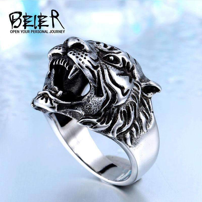 BEIER 316L Stainless Steel Titanium Tiger Head Ring Men Personality Un