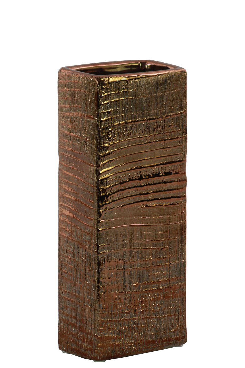 Ceramic Tall Rectangular Ribbed Design Vase, Small, Distressed Copper