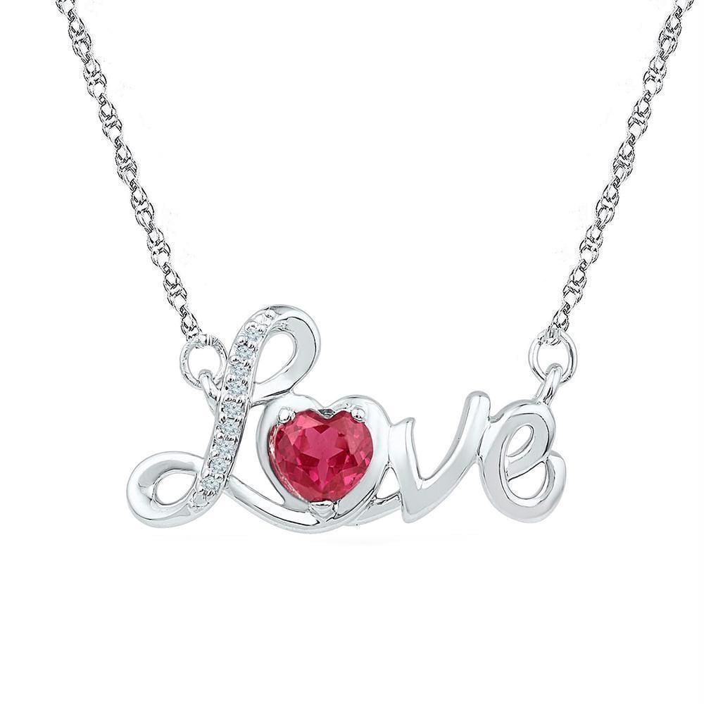 Sterling Silver Womens Round Lab-Created Ruby Love Heart Necklace 1-2