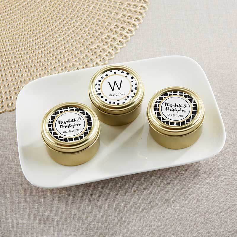 Personalized Gold Round Candy Tin - Modern Classic (2 Sets of 12)
