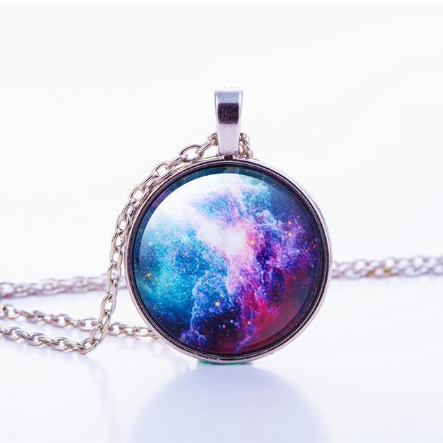 Nebula Space Pendant Necklace Glass Cabochon Sliver Chain Vintage Chok
