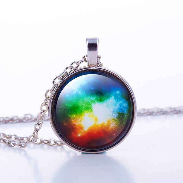 Nebula Space Pendant Necklace Glass Cabochon Sliver Chain Vintage Chok
