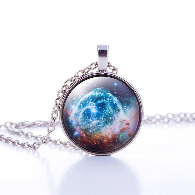 Nebula Space Pendant Necklace Glass Cabochon Sliver Chain Vintage Chok