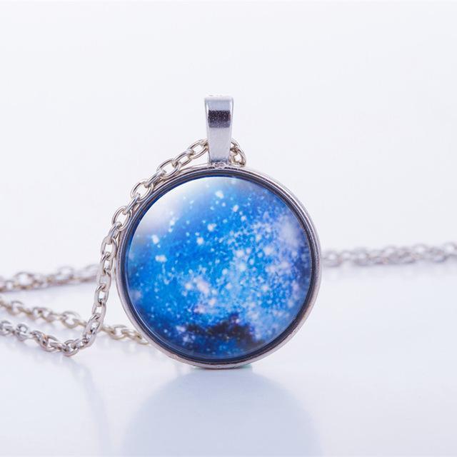 Nebula Space Pendant Necklace Glass Cabochon Sliver Chain Vintage Chok