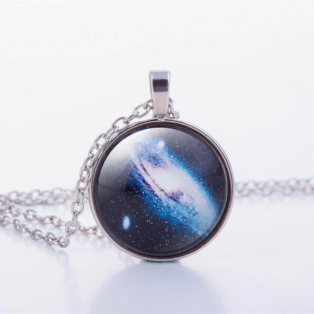 Nebula Space Pendant Necklace Glass Cabochon Sliver Chain Vintage Chok