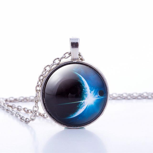 Nebula Space Pendant Necklace Glass Cabochon Sliver Chain Vintage Chok