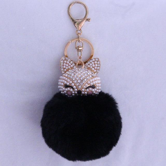 New Women Crystal fluffy Keychain Fox Pompom Key Ring llavero Pom Rabb