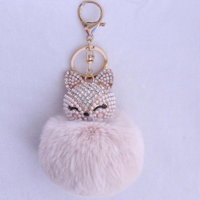 New Women Crystal fluffy Keychain Fox Pompom Key Ring llavero Pom Rabb