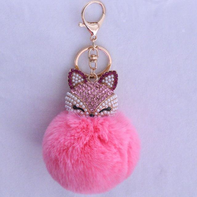 New Women Crystal fluffy Keychain Fox Pompom Key Ring llavero Pom Rabb
