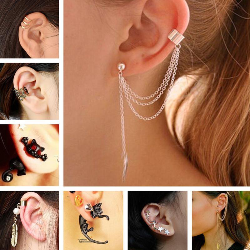 Women Ear Cuffs With stones And Chains And Feather Design