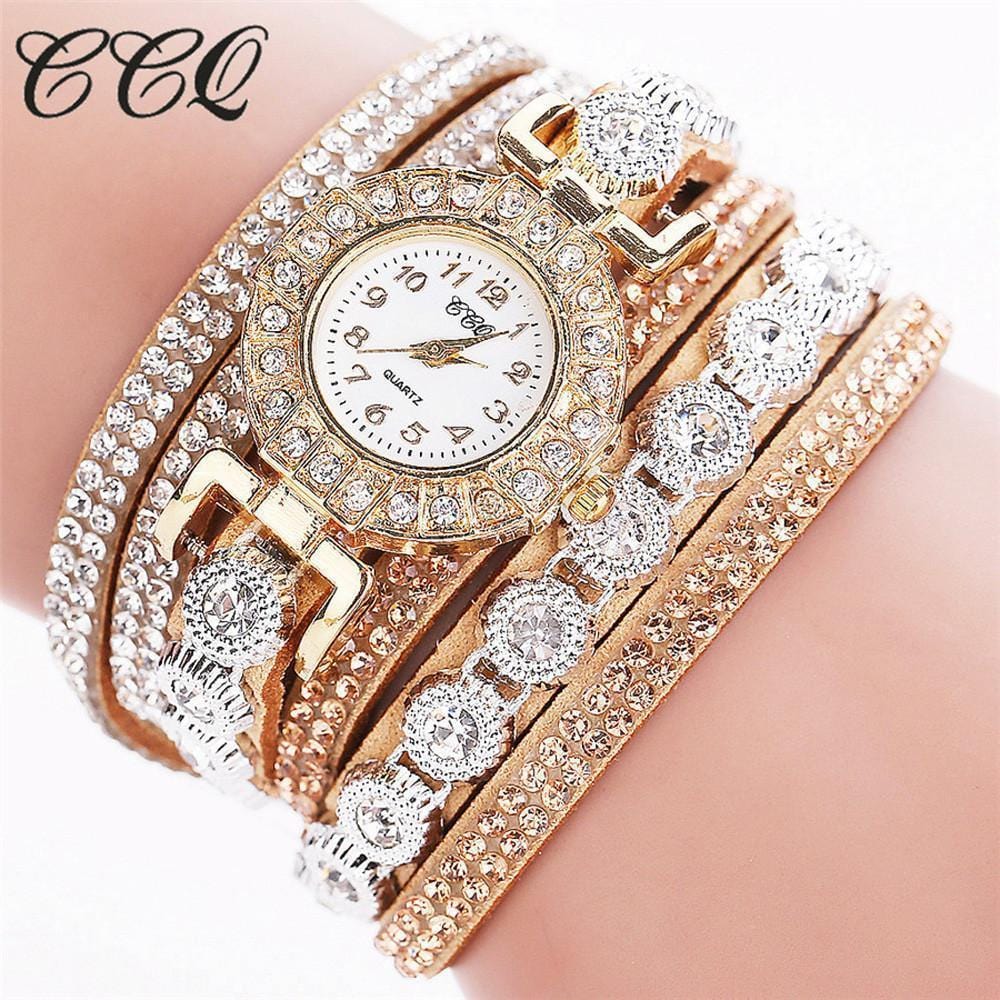 Women Multi layer Leather and Crystal Bracelet Watch